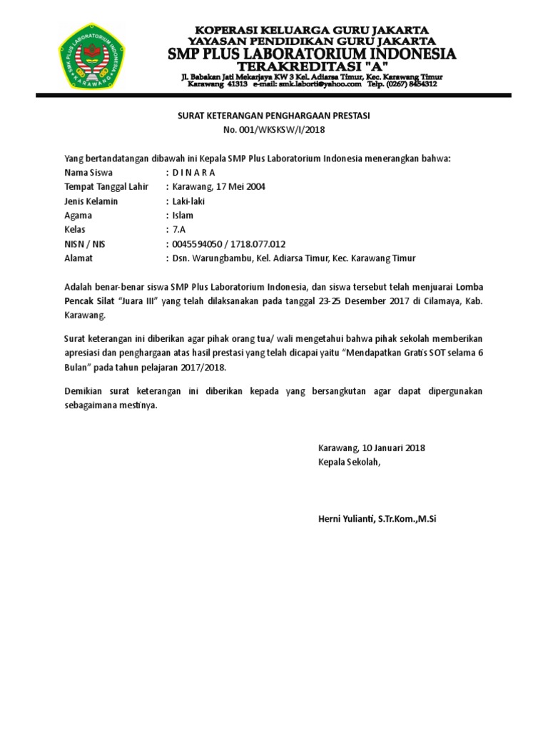 Surat Keterangan Penghargaan Prestasi | PDF