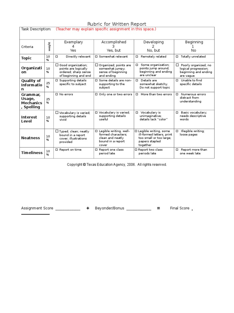 Written Report Rubric Pdf