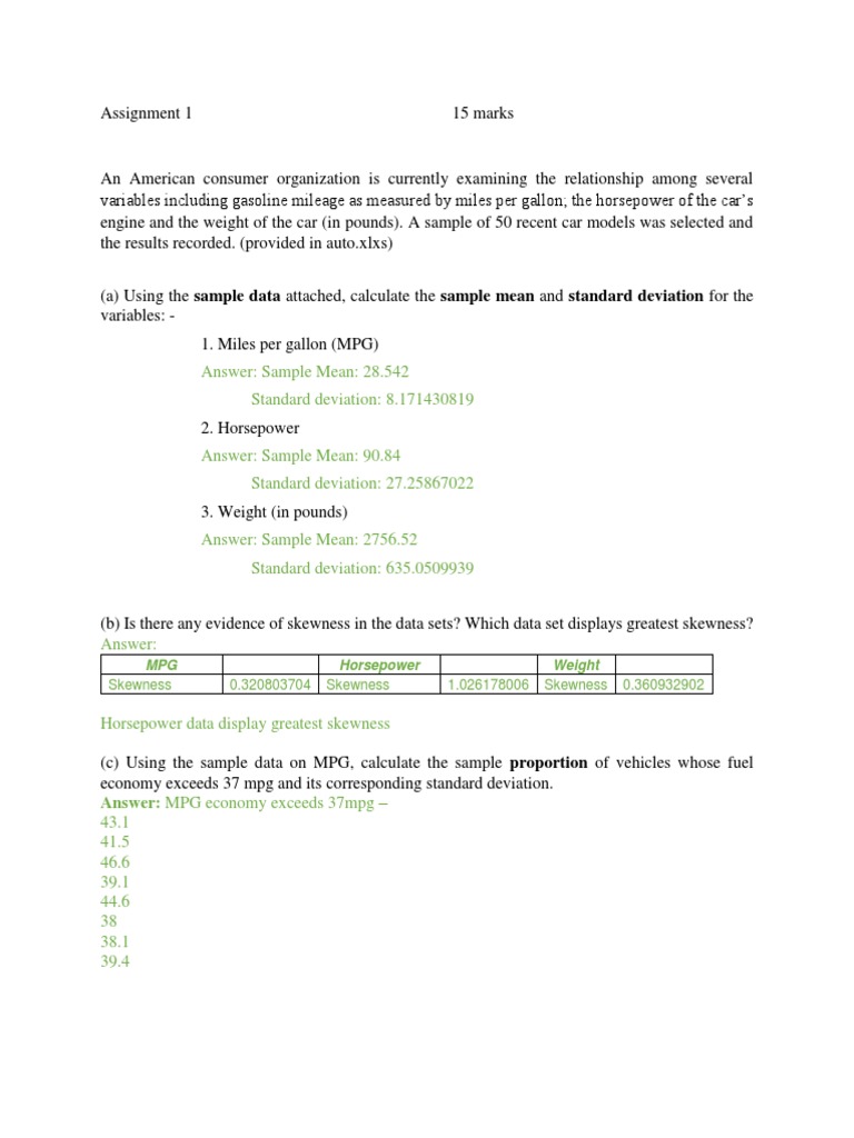 Answer Assignment 1 QMM | PDF | Fuel Economy In Automobiles | Skewness