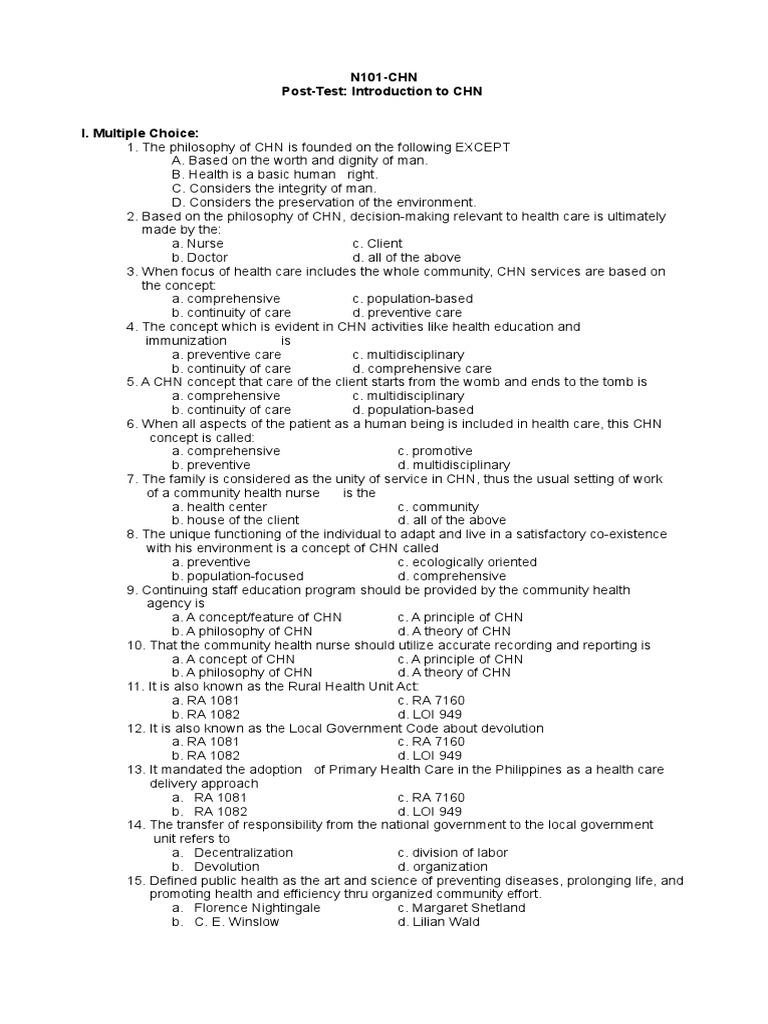 #1 Introduction To CHN - Post Test | PDF | Health Care | Nursing