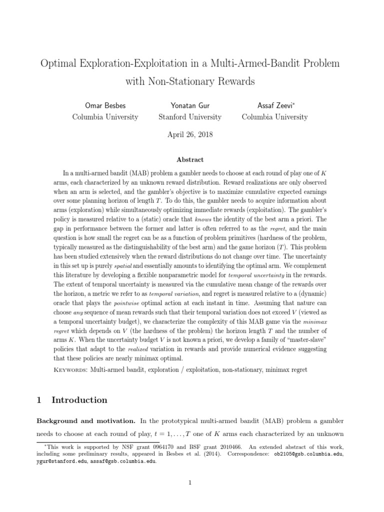 Optimal Exploration-Exploitation in A Multi-Armed-Bandit Problem With Non-Stationary Rewards ...