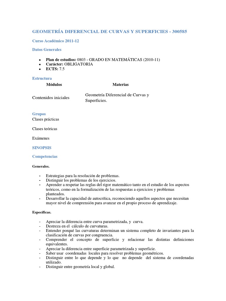 Programa de Geometría Diferencial de Curvas y Superficies | PDF | Geometría | Curva