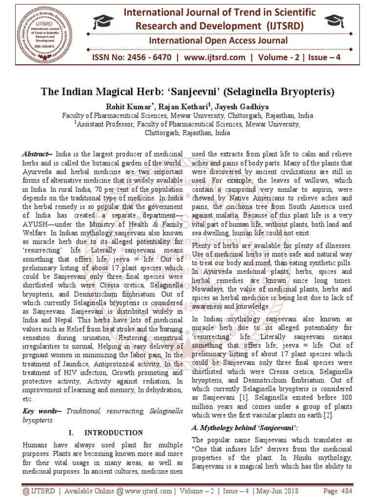 The Indian Magical Herb: ' Sanjeevni' (Selaginella Bryopteris) | PDF ...