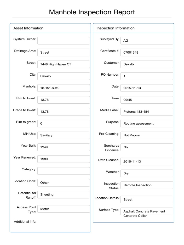 Manhole Inspection Report: Asset Information Inspection Information ...