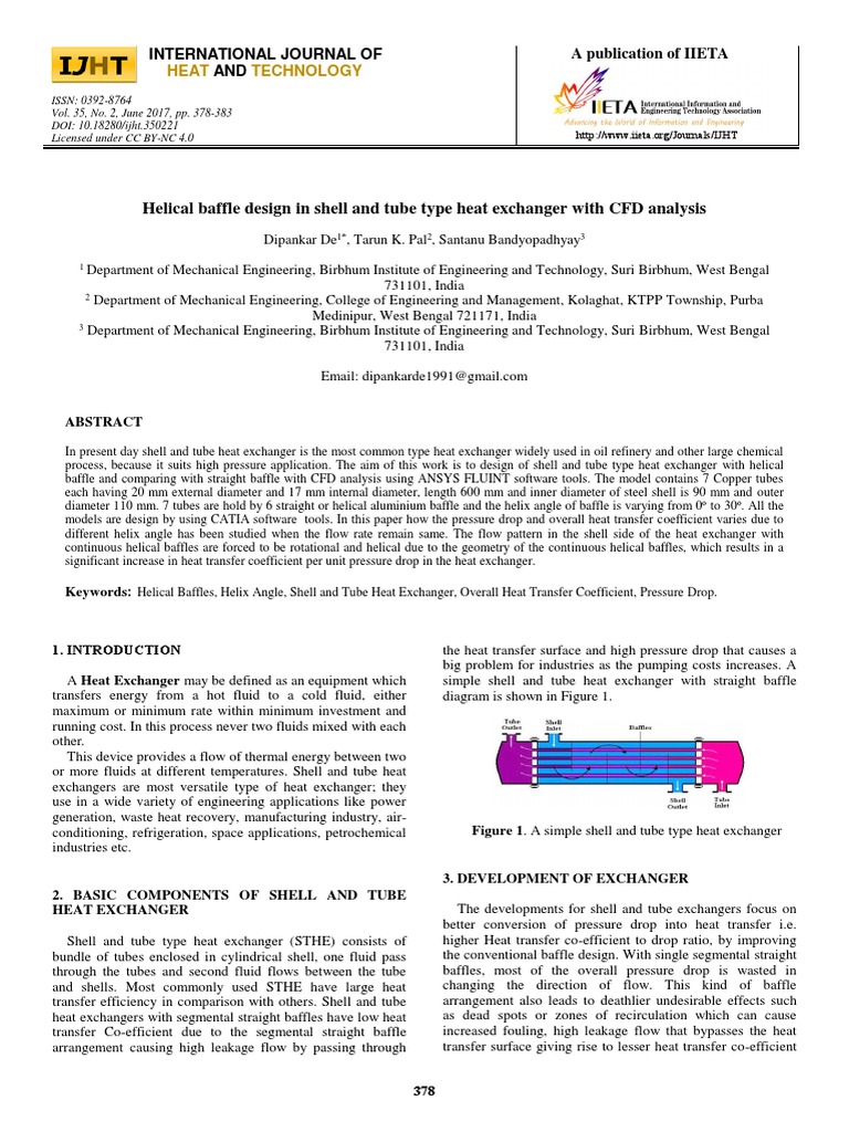 Helical Baffle Design in Shell and Tube Type Heat Exchanger With CFD ...