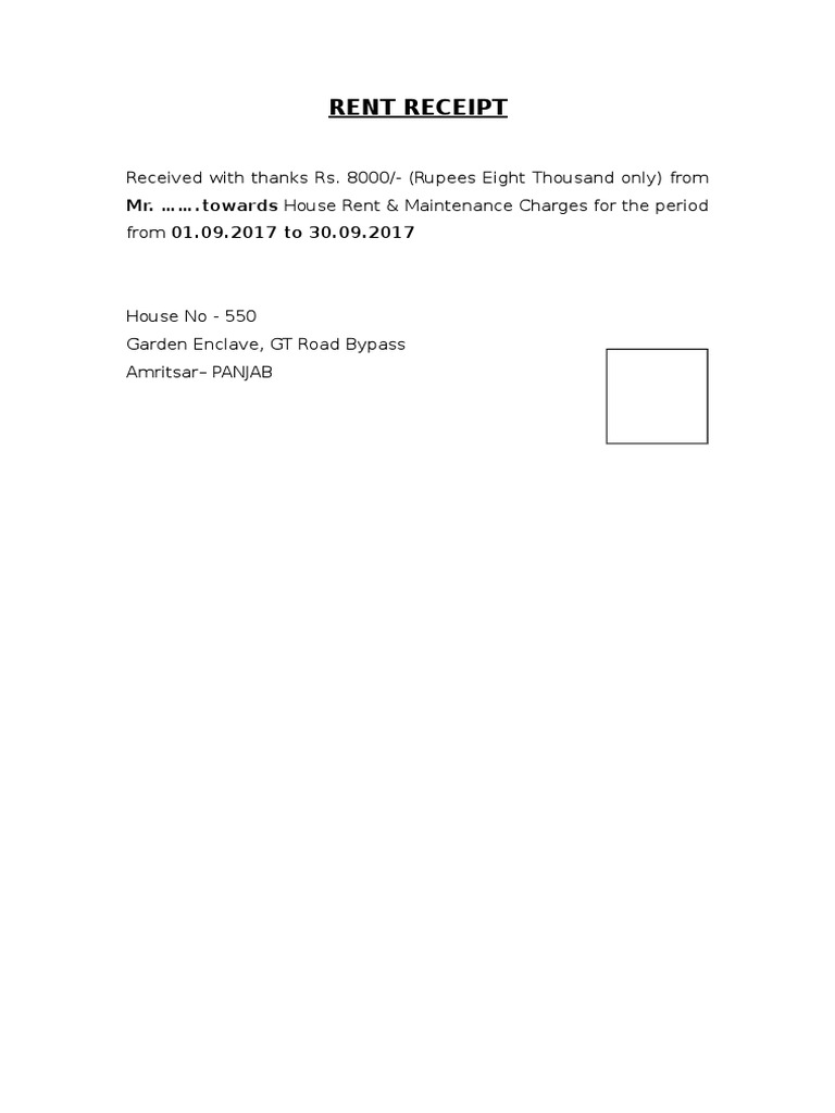Rent Receipt: Received With Thanks Rs. 8000/ - (Rupees Eight Thousand ...