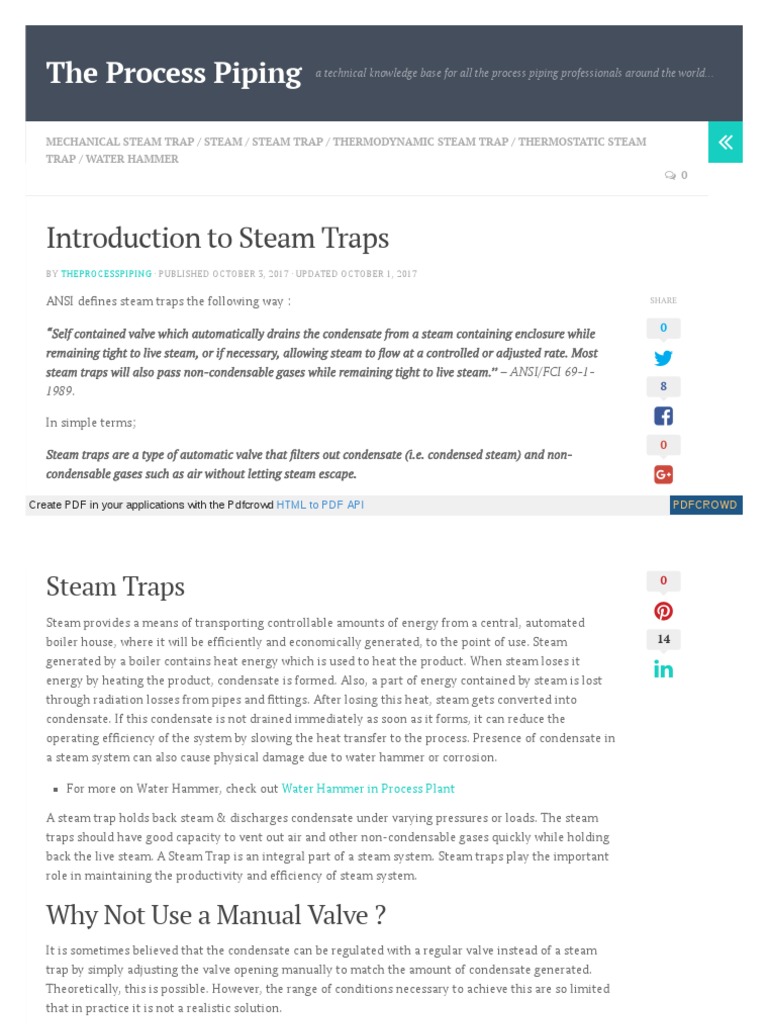 The Process Piping: Introduction To Steam Traps | PDF | Steam | Pressure