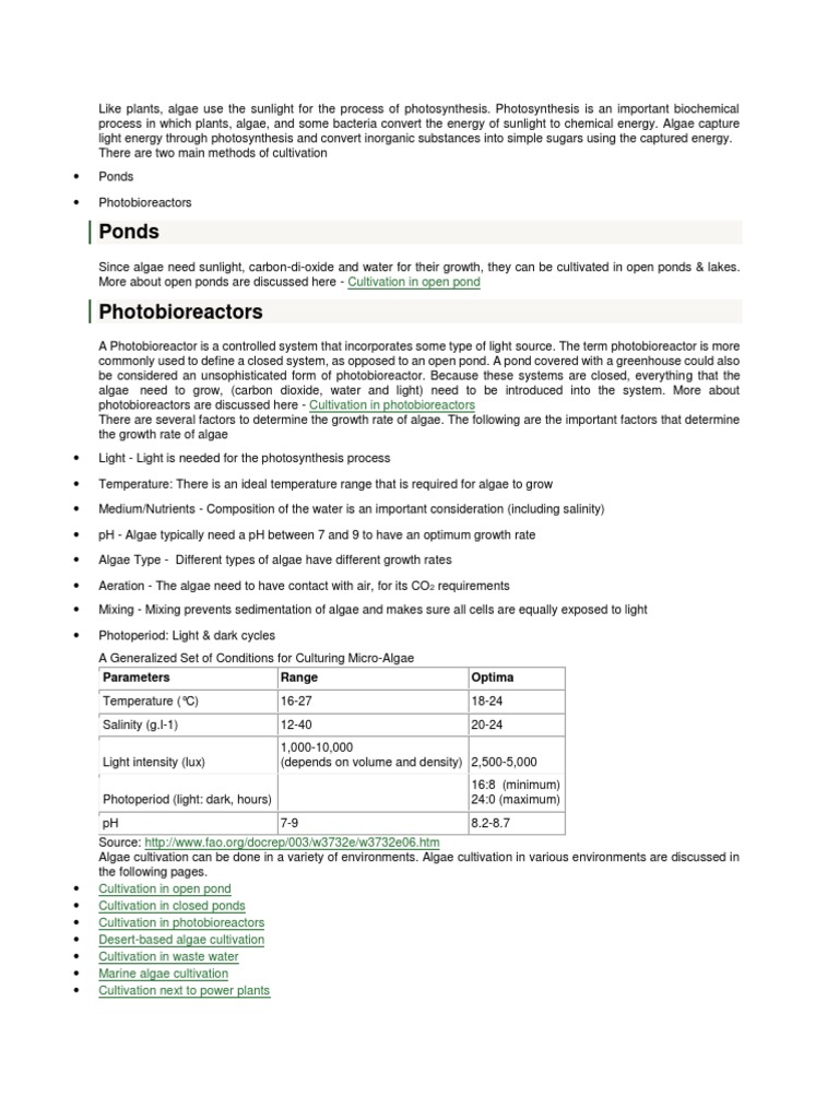 Ponds: Parameters Range Optima | PDF | Photosynthesis | Algae