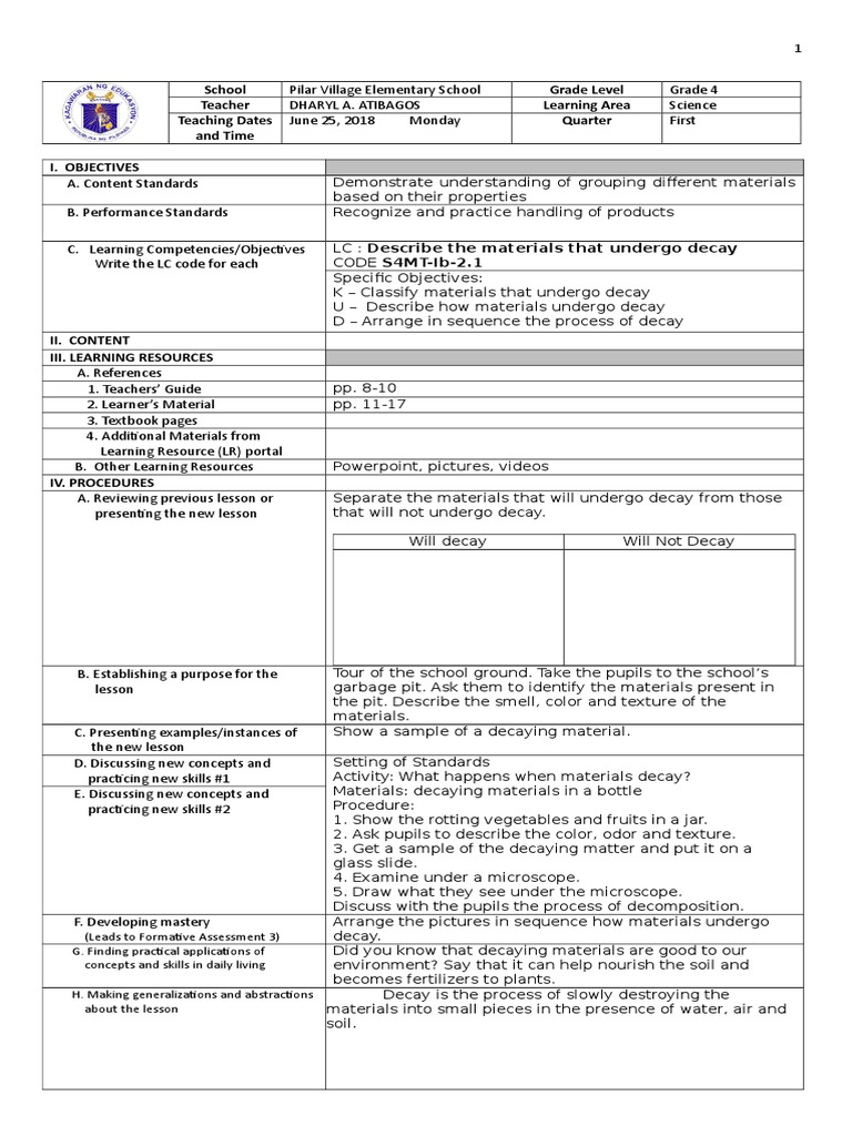 DLL Science4 W2 Q1 | PDF | Decomposition | Learning