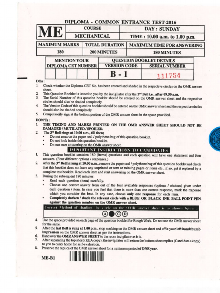Karnataka Diploma CET 2016 Question Paper Mechanical Engineering PDF | PDF