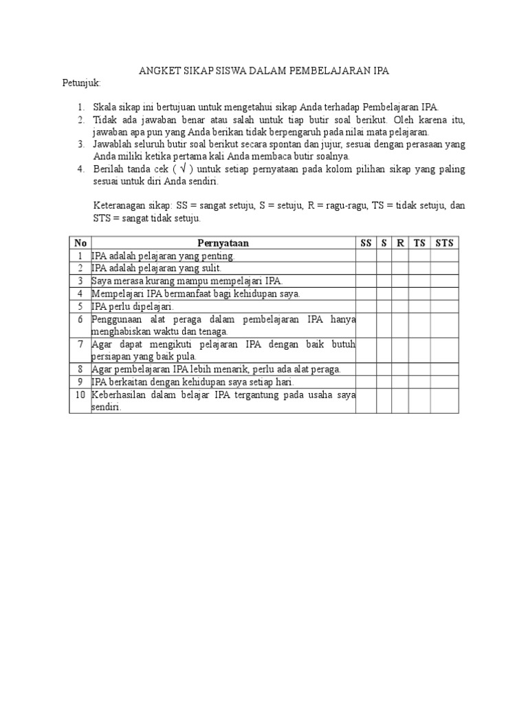 Angket Sikap Siswa Dalam Pembelajaran | PDF
