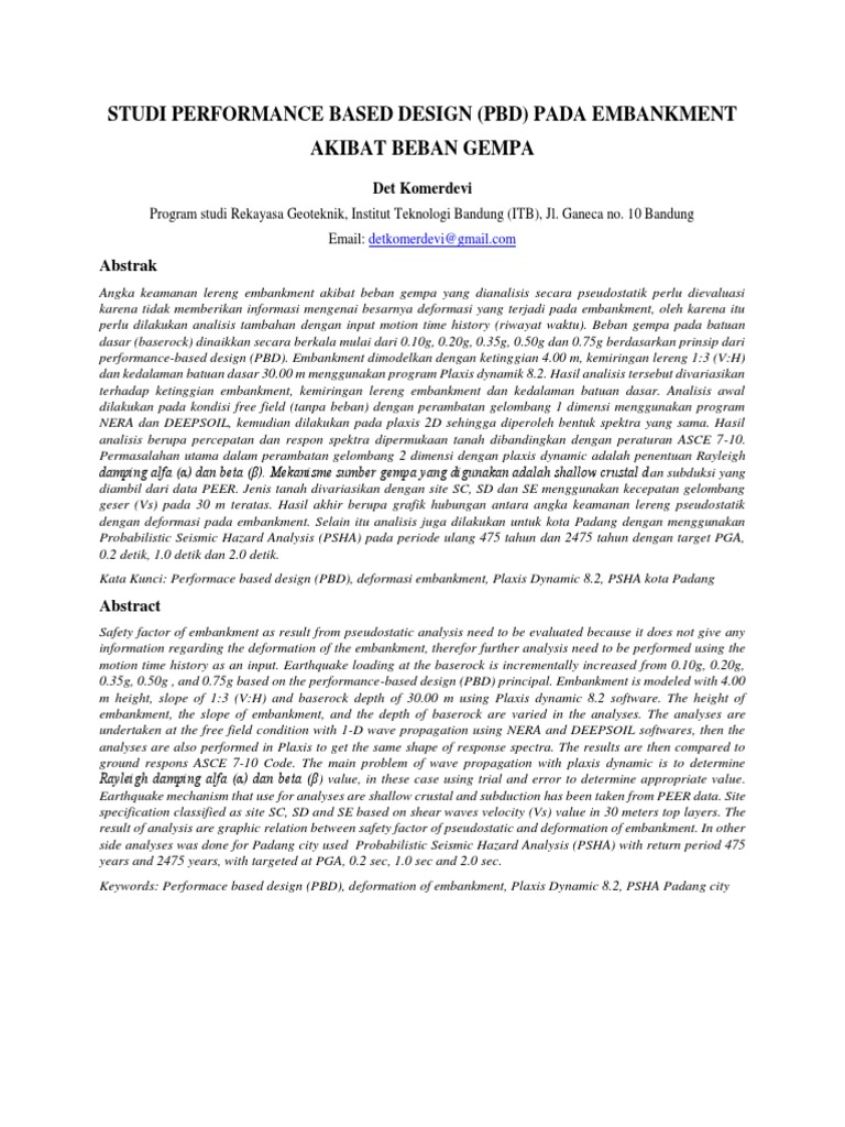 Studi Performance Based Design (PBD) Pada Embankment Akibat Beban Gempa PDF | PDF