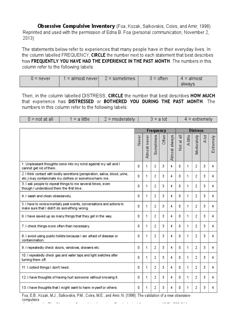 Obsessive Compulsive Inventory | PDF | Obsessive–Compulsive Disorder ...