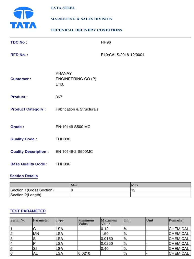 Technical Delivery Condition of S500MC | PDF | Materials | Chemistry