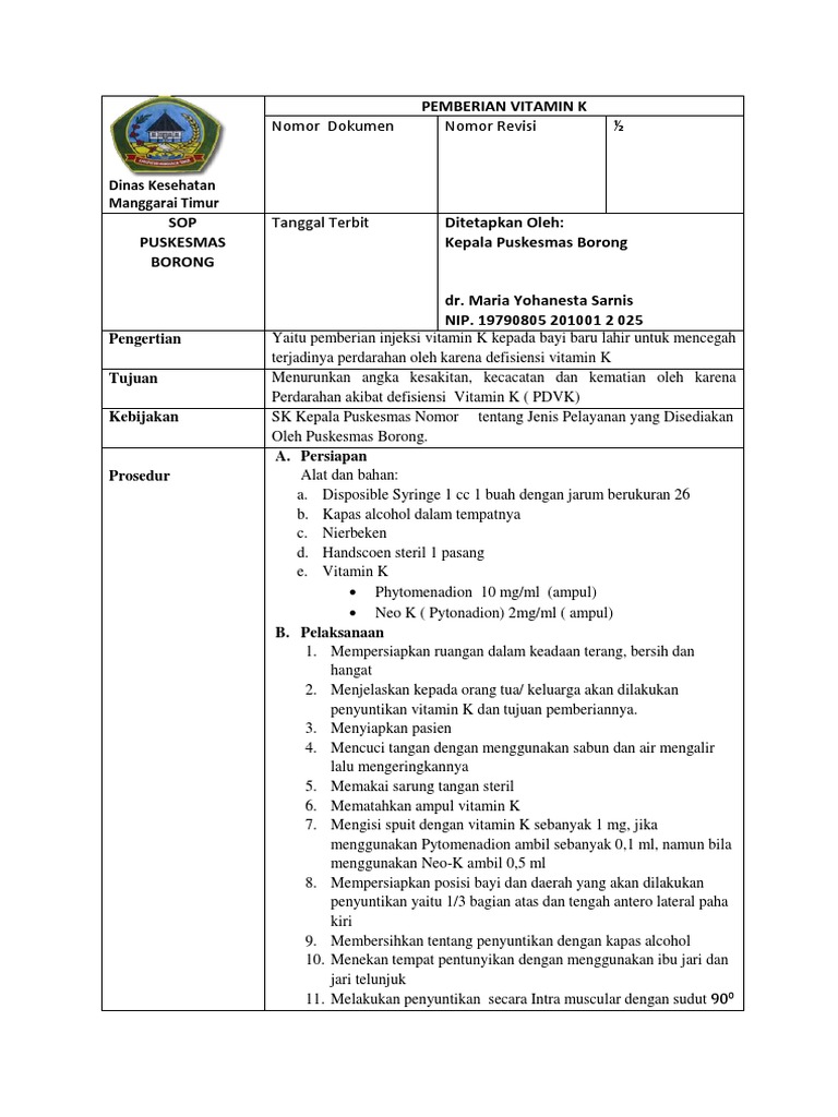 Sop Pemberian Vitamin K | PDF | Kesehatan Holistik | Sains & Matematika