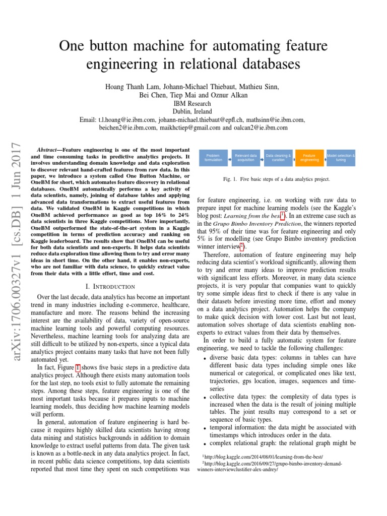 One Button Automating Feature Engineering | PDF | Machine Learning | Relational Database