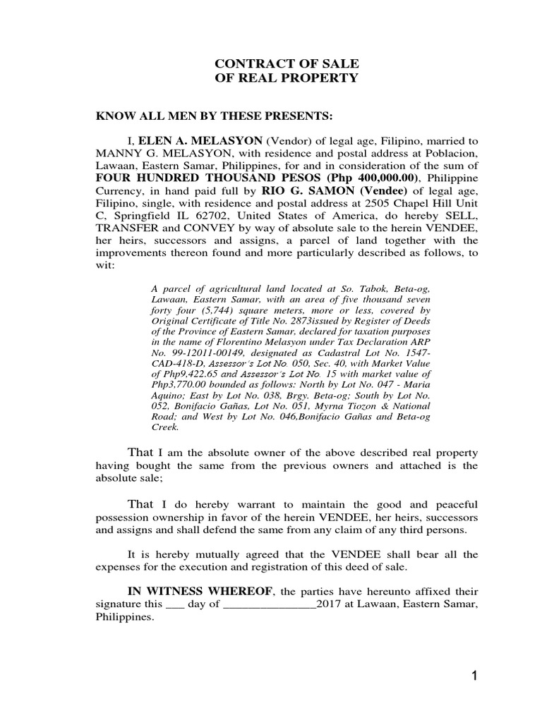 Contract of Sale of Real Property | PDF | Deed | Land Lot