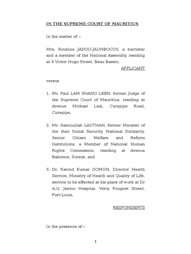 Roubina Jadoo-Jaunbocus Conteste Le Rapport Lam Shang Leen en Cour ...