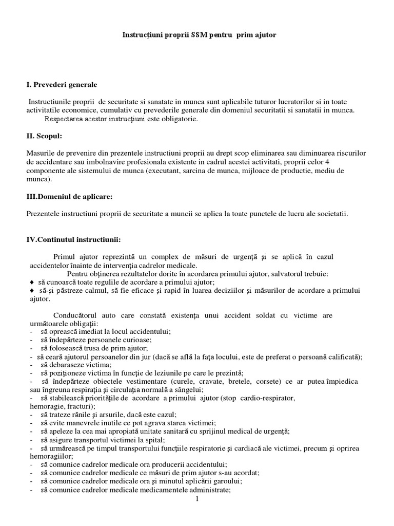 Instructiuni Proprii SSM Masuri-De-prim-Ajutor | PDF