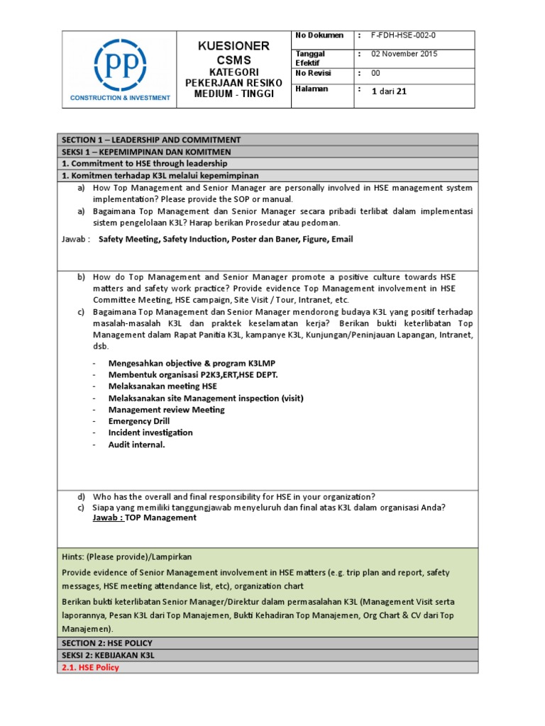 F FDH HSE 002 0 Kuesioner CSMS (Medium Tinggi) | PDF | Personal Protective Equipment | Safety
