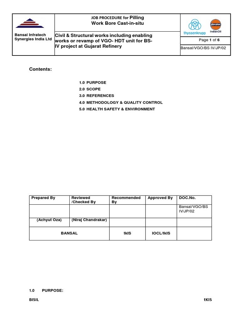 Job Procedure Pilling Work | PDF | Deep Foundation | Concrete
