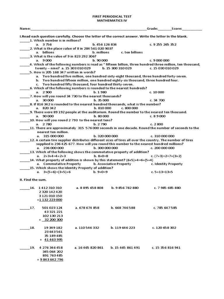 Grade 4 Math 1st Periodical Test | PDF | Teaching Methods & Materials