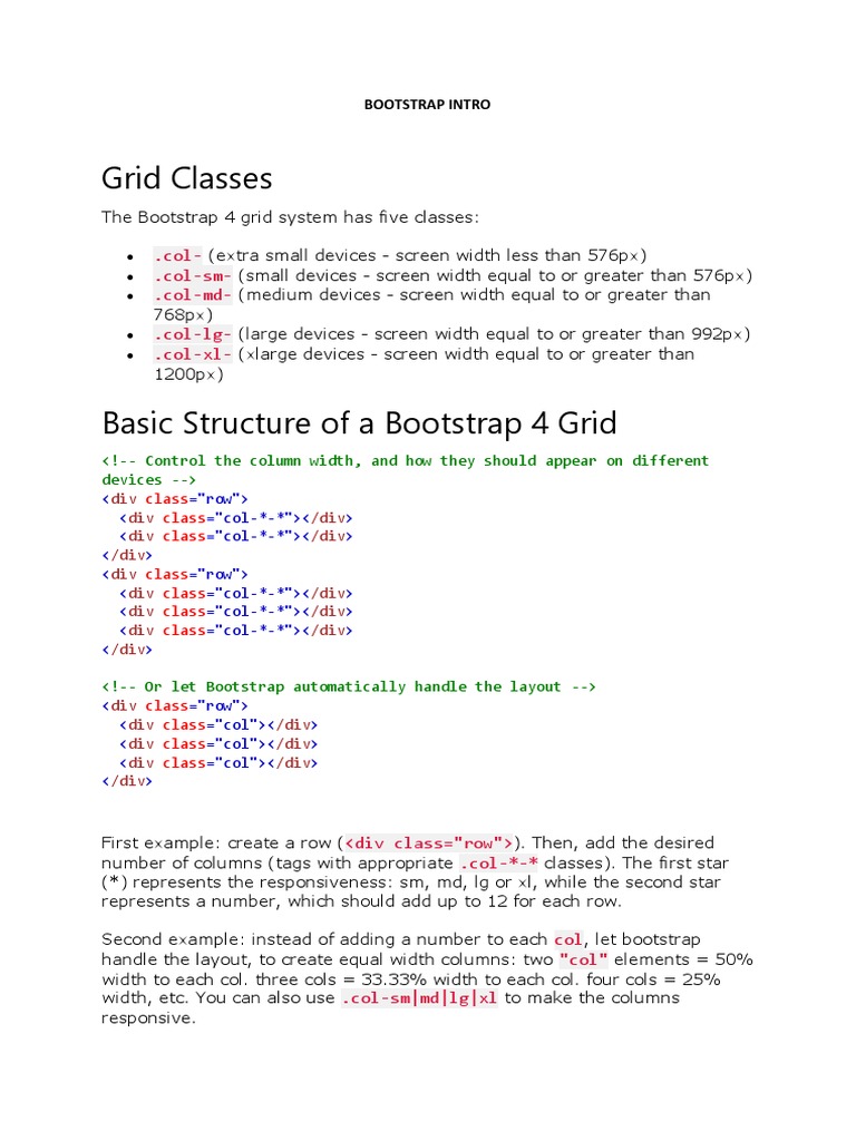 Grid Classes: .Col-.Col-Sm - .Col-Md - .Col-Lg - .Col-Xl | PDF