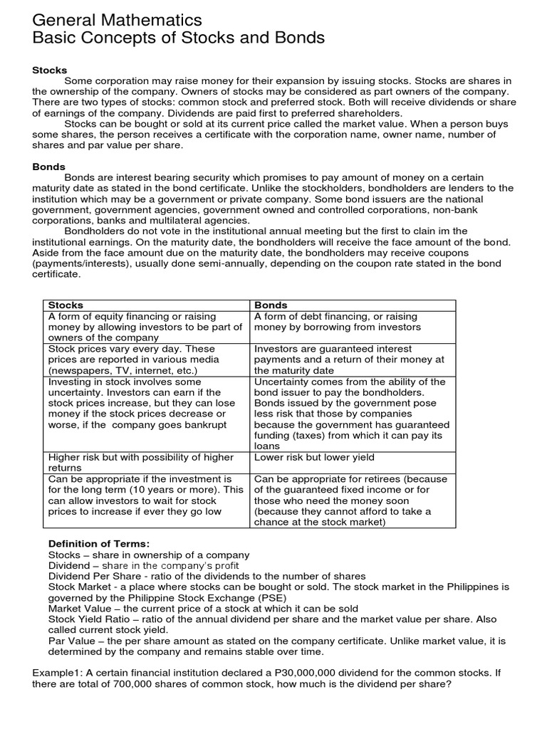 General Mathematics Basic Concepts of Stocks and Bonds | PDF | Bonds ...