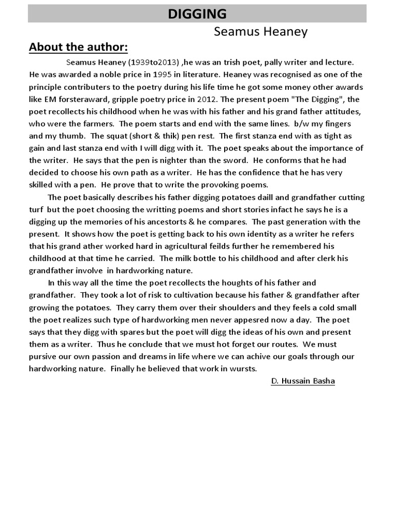 Seamus Heaney's "Digging" Analysis | PDF
