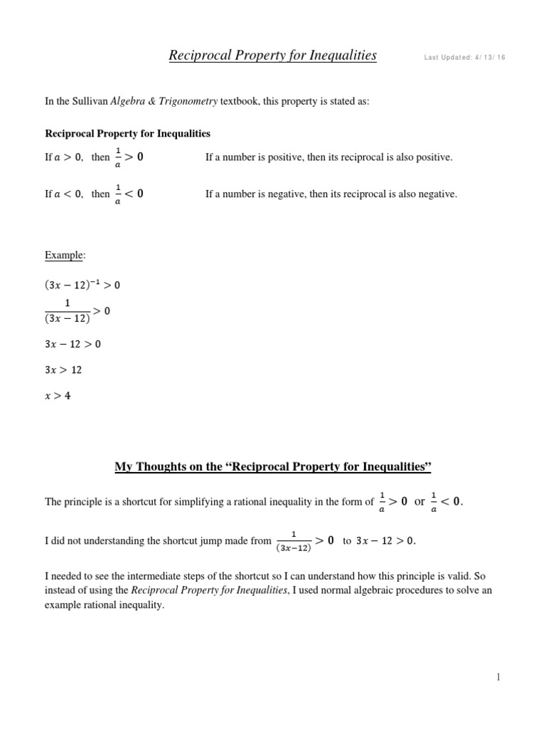 Reciprocal Property For Inequalities PDF | PDF | Exponentiation ...