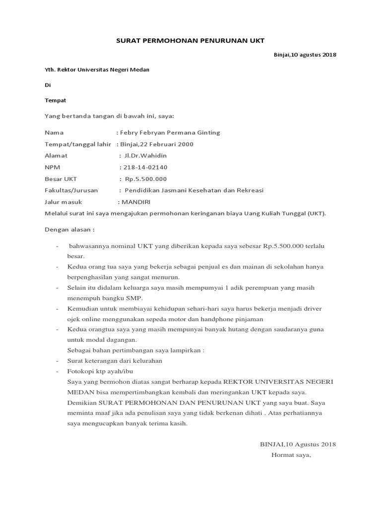 Surat Permohonan Penurunan Ukt | PDF