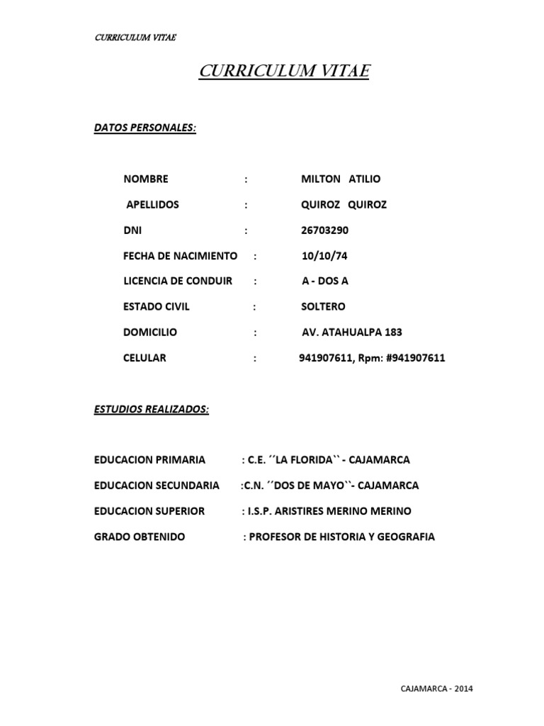 CV Milton Quiroz Quiroz Capataz | PDF | Minería de oro | Enseñanza de matemática