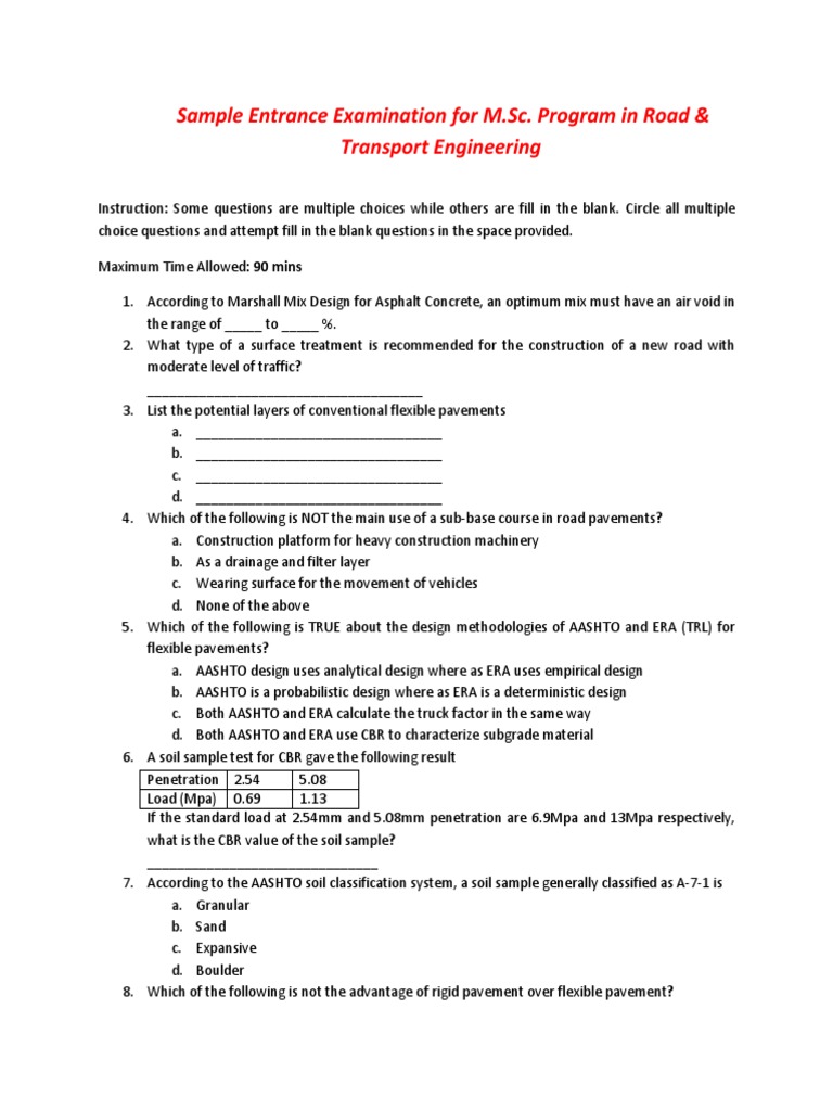 MSC Sample Entrance Exam Road Transport | PDF | Road Surface | Road