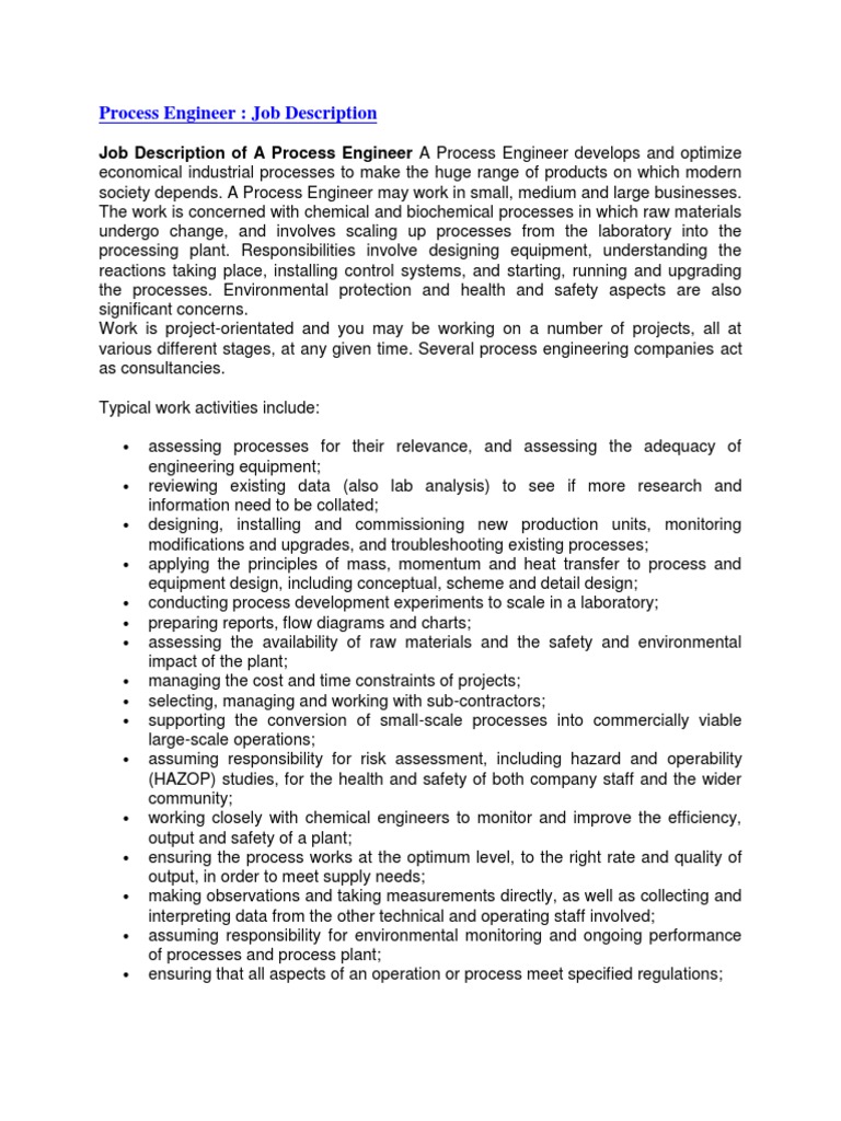 Process Engineer: Job Description | Download Free PDF | Laboratories ...