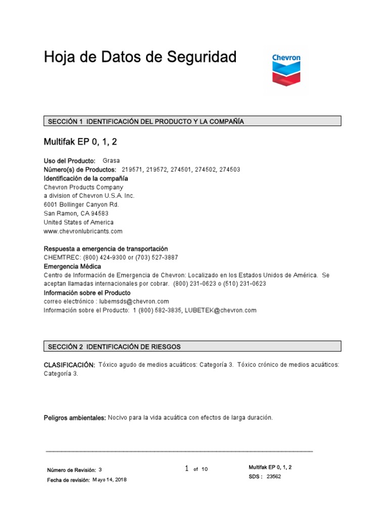SDS Chevron Multifak EP 2 | PDF | Toxicidad | Combustión