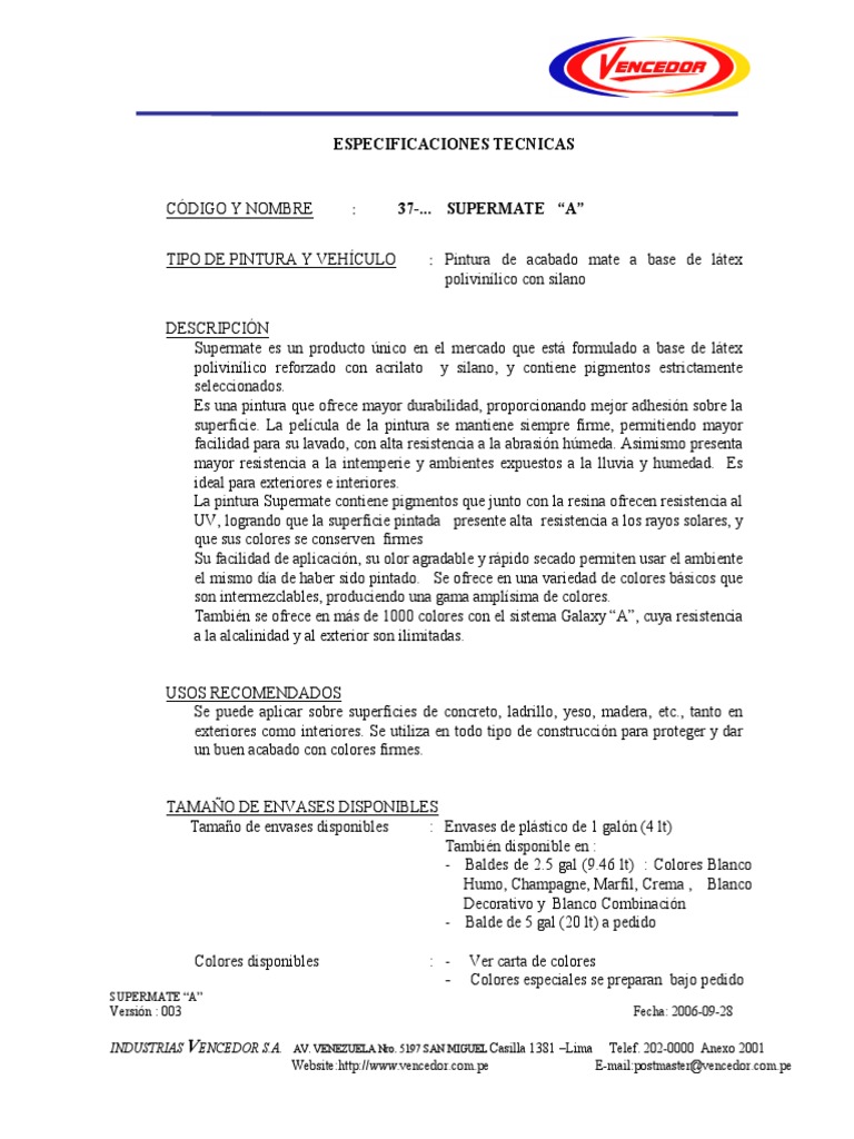 Ficha Tecnica Pintura Supermate Vencedor | PDF