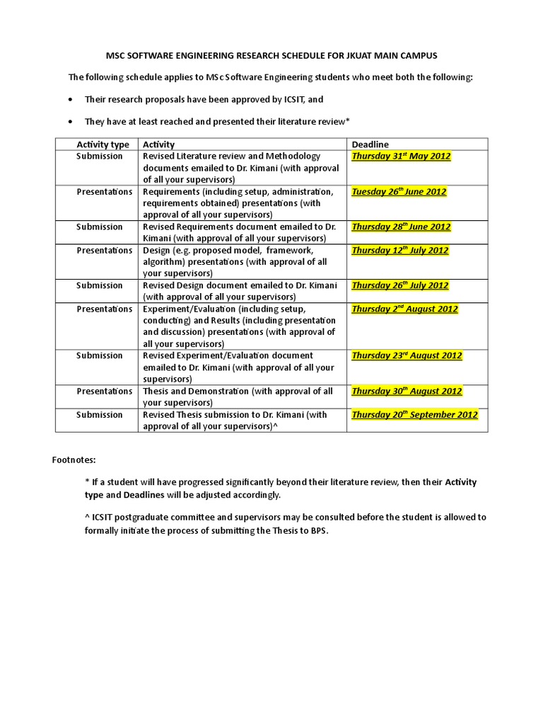 MSC Software Engineering Research Schedule For Jkuat Main Campus | PDF | Thesis | Science