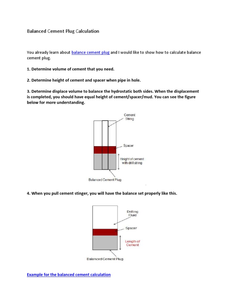Balanced Cement Plug Calculation | PDF | Volume | Casing (Borehole)
