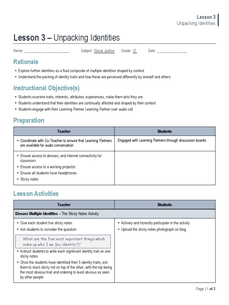 Lesson Plans - Lesson 3 | PDF | Identity (Social Science) | Lesson Plan