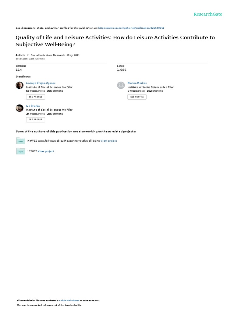 Quality of Life and Leisure Activities: How Do Leisure Activities ...