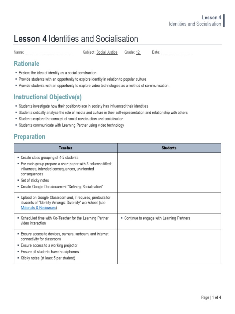 Lesson Plans - Lesson 4 | PDF | Socialization | Identity (Social Science)