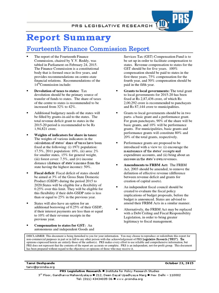 Summary of 14th Finance Commission | PDF | Fiscal Policy | Government ...