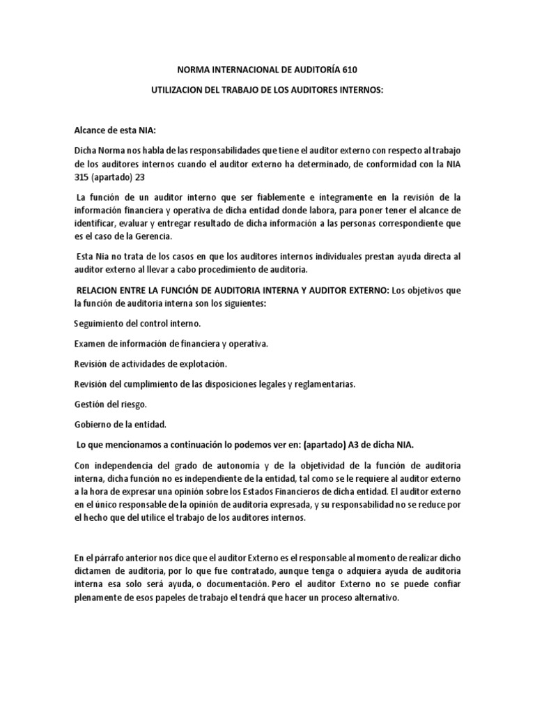 Resumen Nia 610 | PDF | Auditoría | Contralor