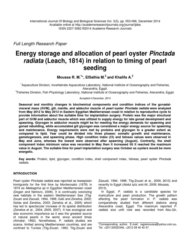 Energy Storage and Allocation of Pearl Oyster Pinctada Radiata (Leach ...