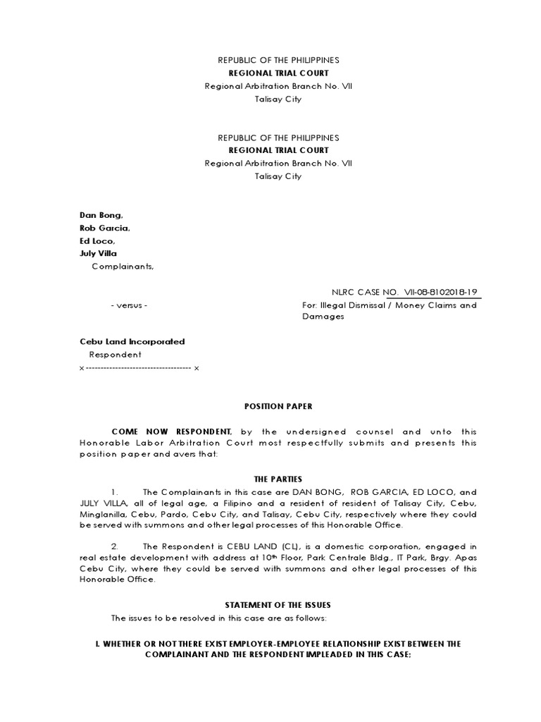 Respondent Position Paper Labor Law | PDF | Public Law | Justice