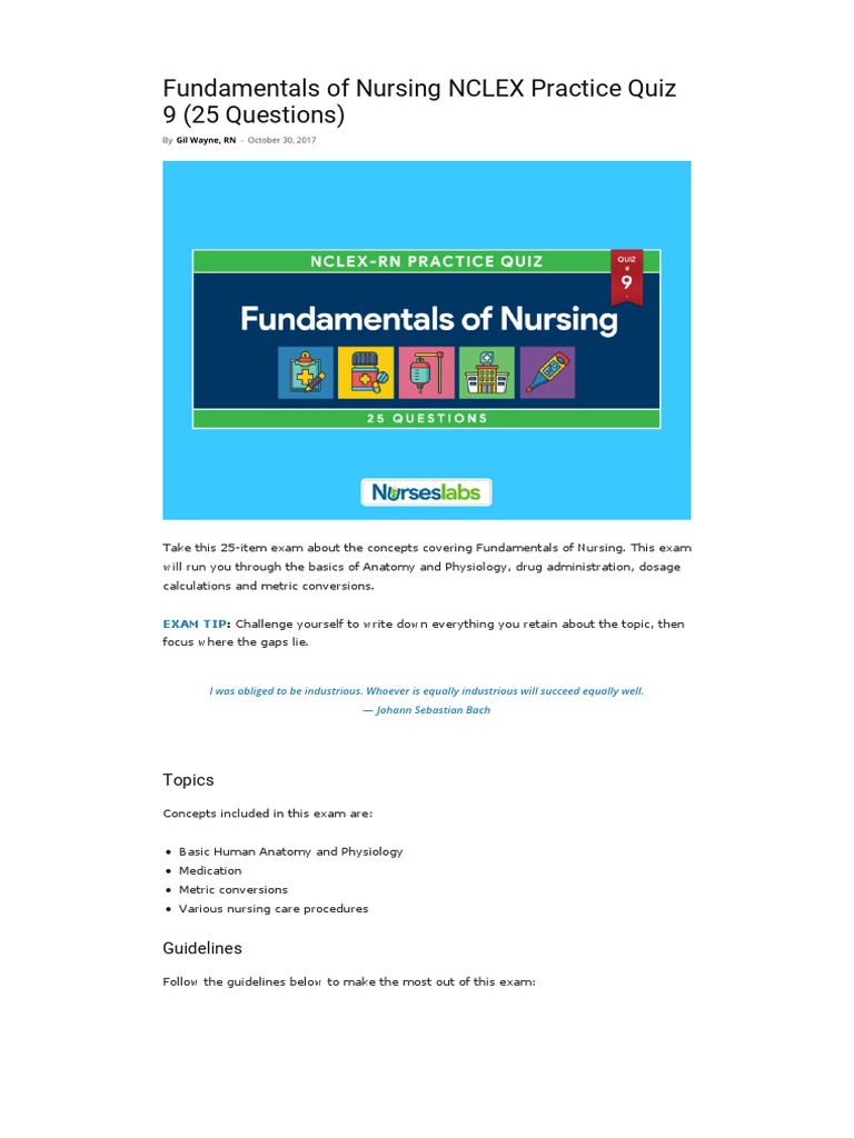 Fundamentals of Nursing 25 Practice Questions | PDF | National Council ...