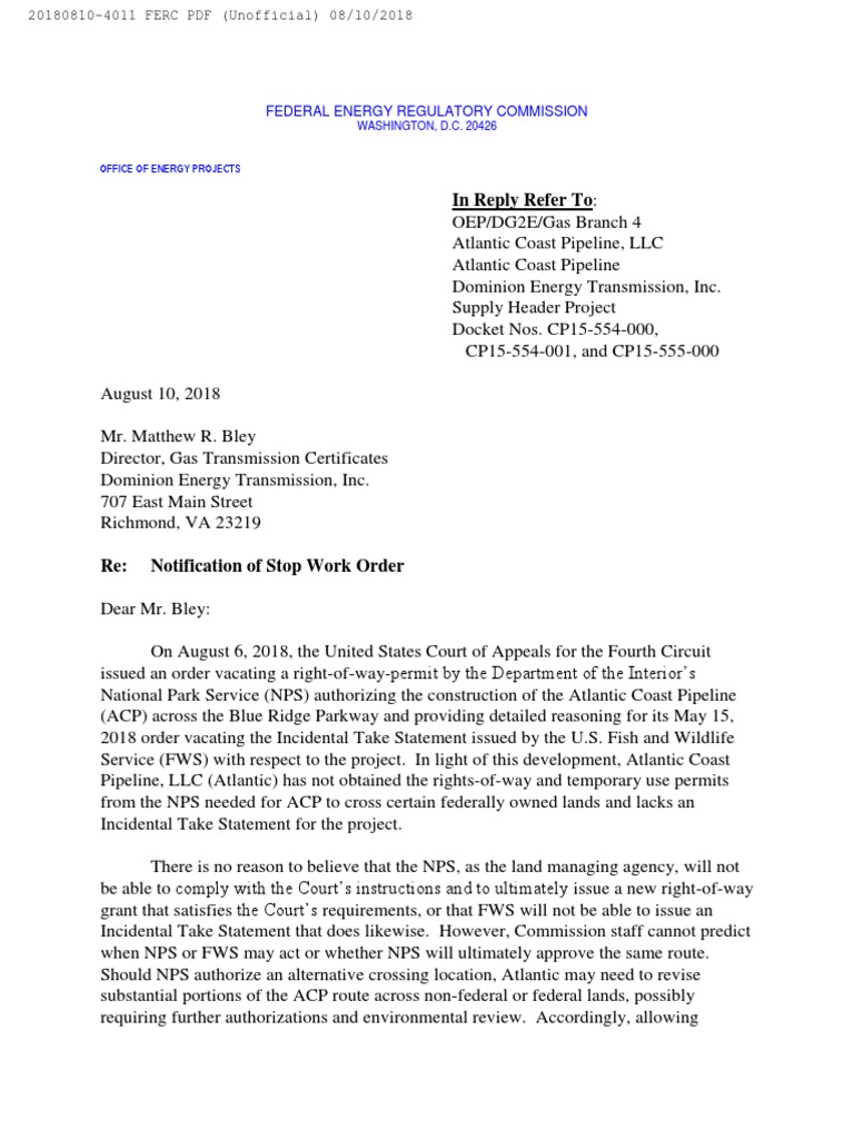 FERC ACP Stop Work Order | PDF | Federal Energy Regulatory Commission ...