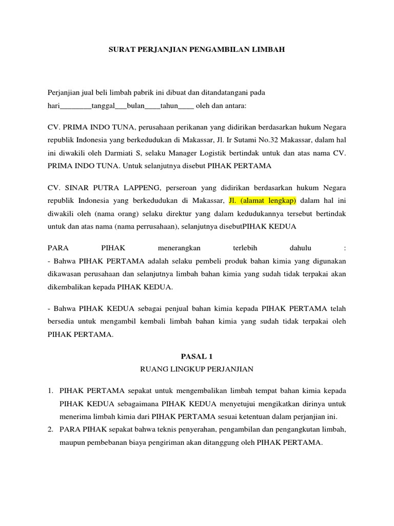 Surat Perjanjian Jual Beli Limbah Pabrik Surat Perjanjian Jual Beli Limbah Pabrik