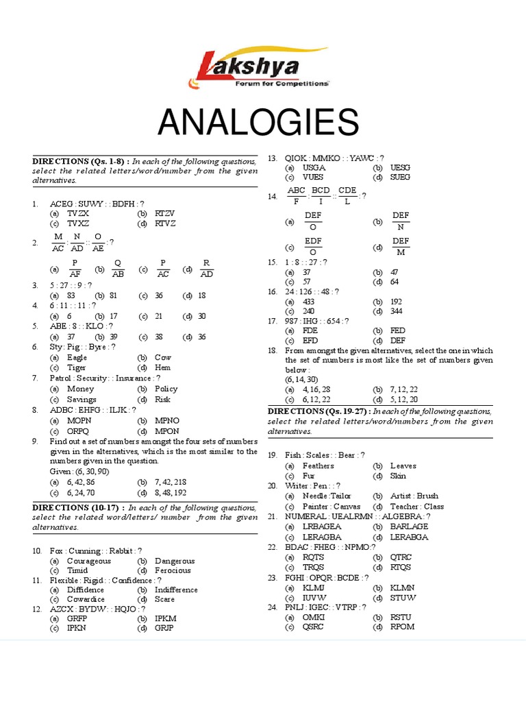 Analogies: DIRECTIONS (Qs. 1-8) : in Each of The Following Questions ...