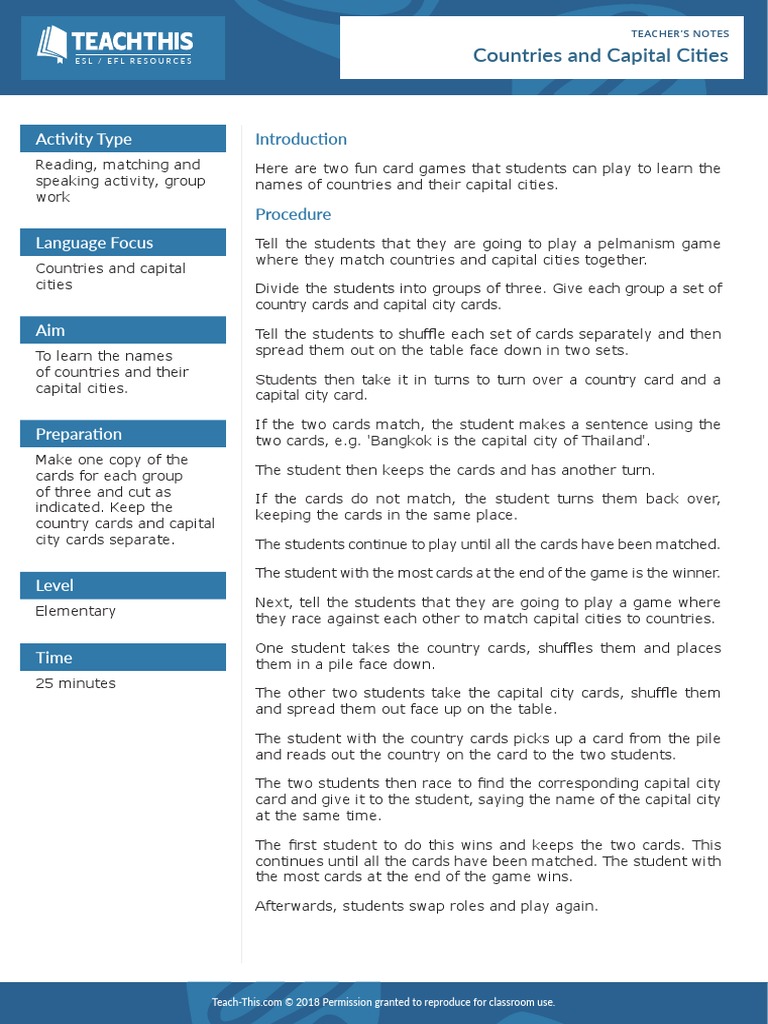 Countries and Capital Cities 2 | PDF | English As A Second Or Foreign ...